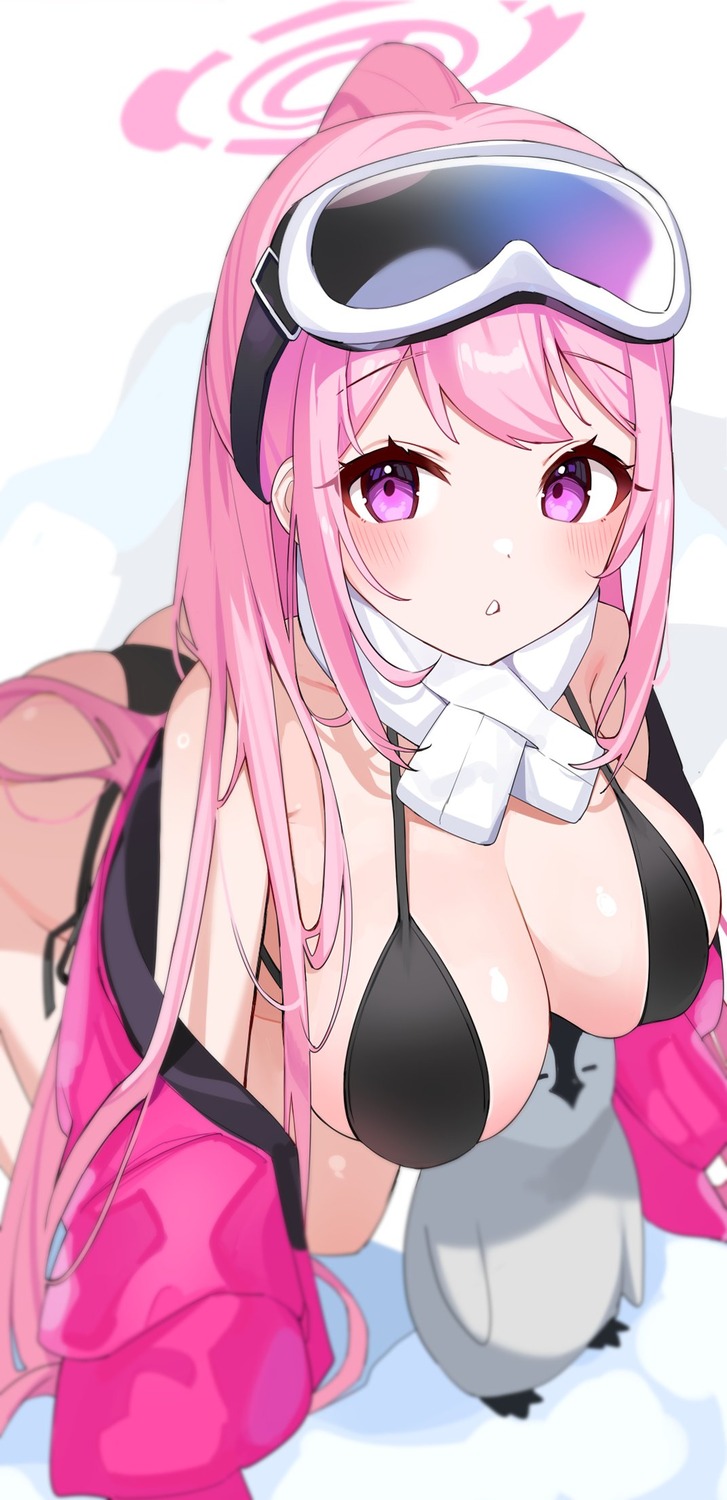 inuyama nanami blue archive izumimoto eimi bikini halo open shirt penguin swimsuits thong ...